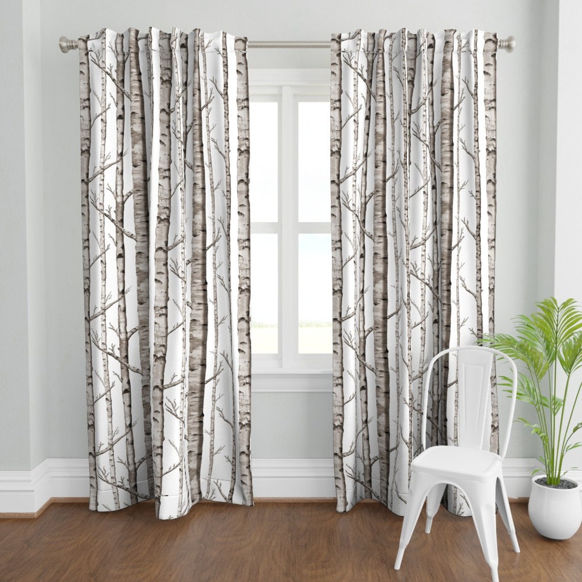 Woodland Forest Curtain Panel Birch Forest on White by - Etsy