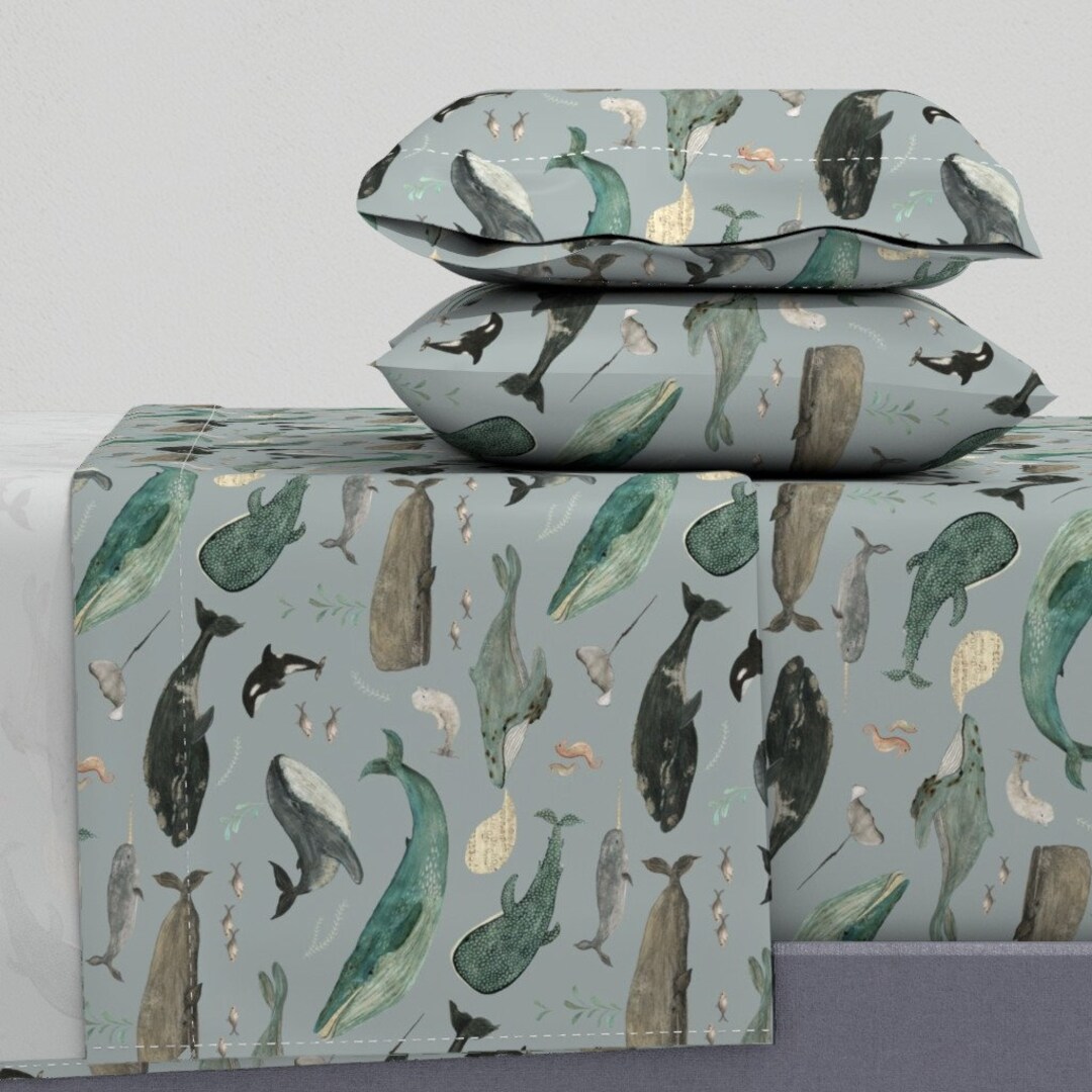 Sea Life Sheets Whales Song Denim by Katherine_quinn Boho Whales Under ...