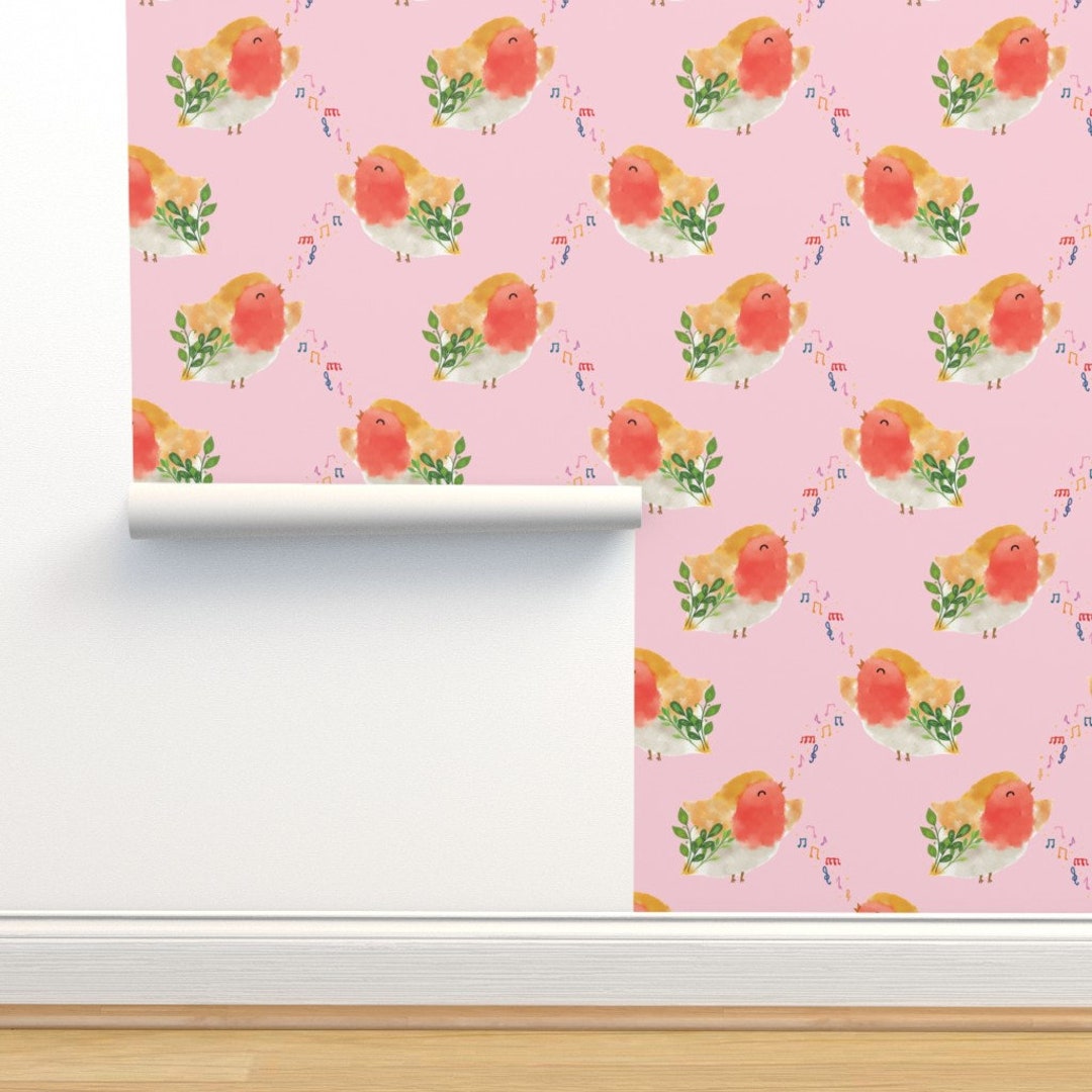 Watercolor Robin Non-pasted Wallpaper Pastel Rose Pink Songbird - Robin ...