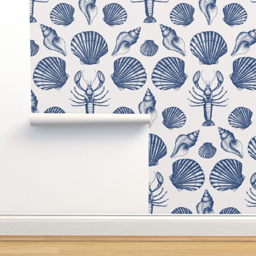 Coastal Toile Non-pasted Wallpaper - Lobster and Seashells by Studio ...