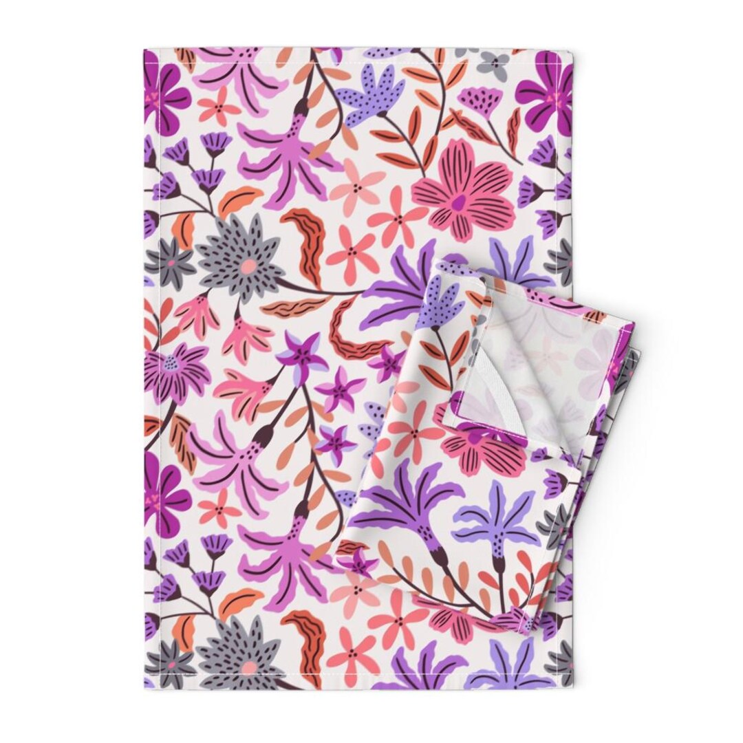 Purple Tea Towels Set of 2 - Pink Flowers Bright Neon Flowery Botanica ...