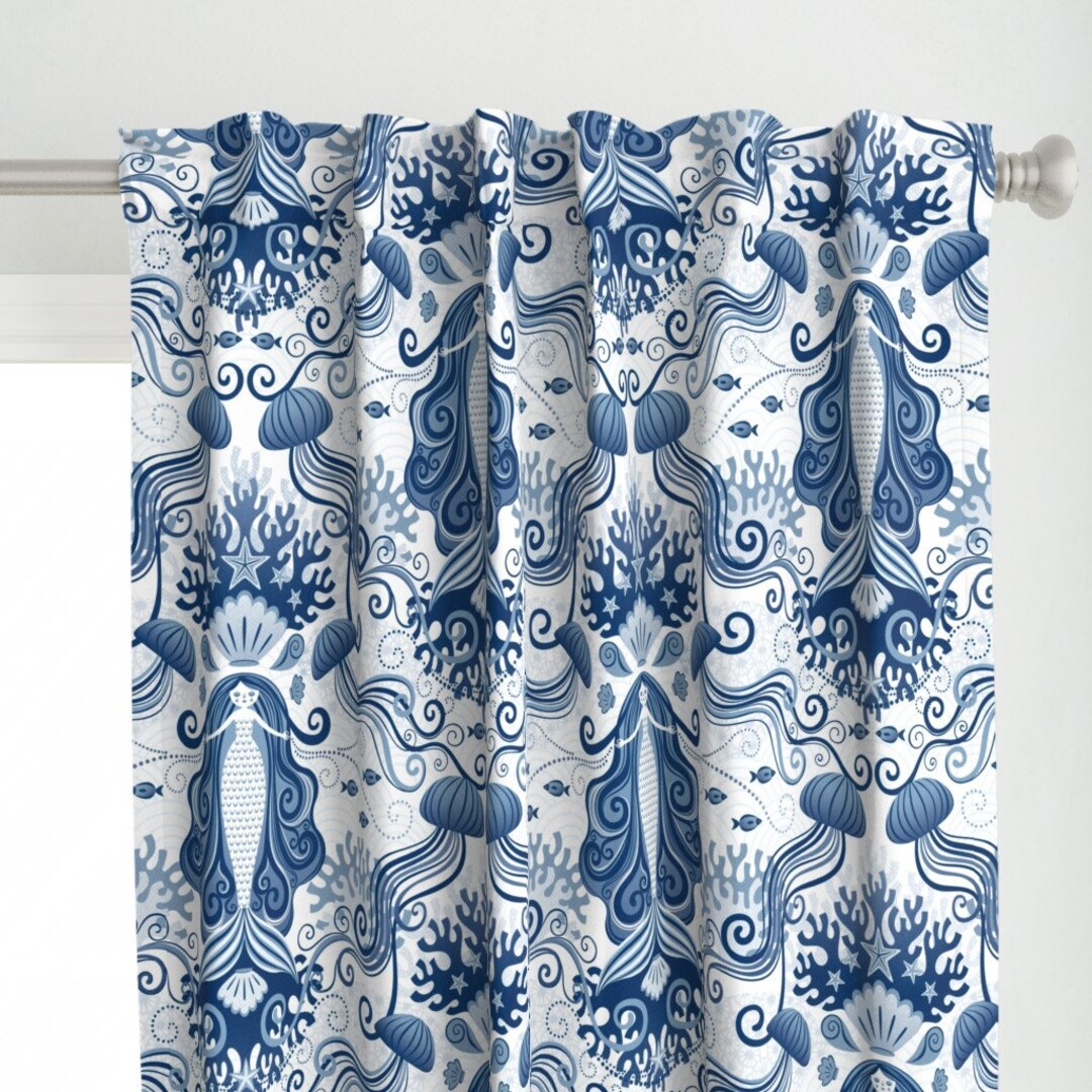 Coastal Whimsical Curtain Panel - Under the Sea Blue Mermaid Jellyfish ...