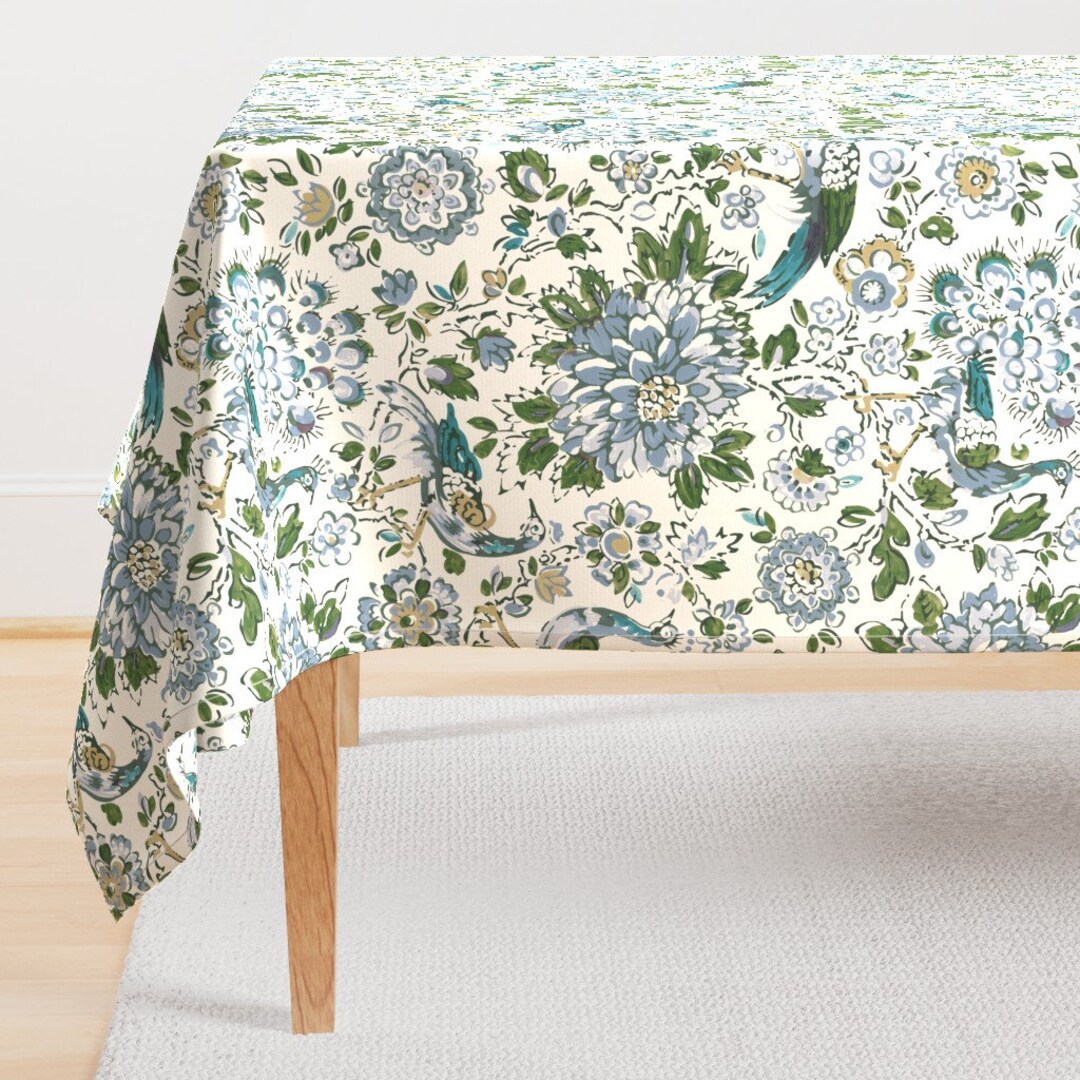 Birds Tablecloth Peacock Blue and Olive by Whitneyenglish Elegant ...