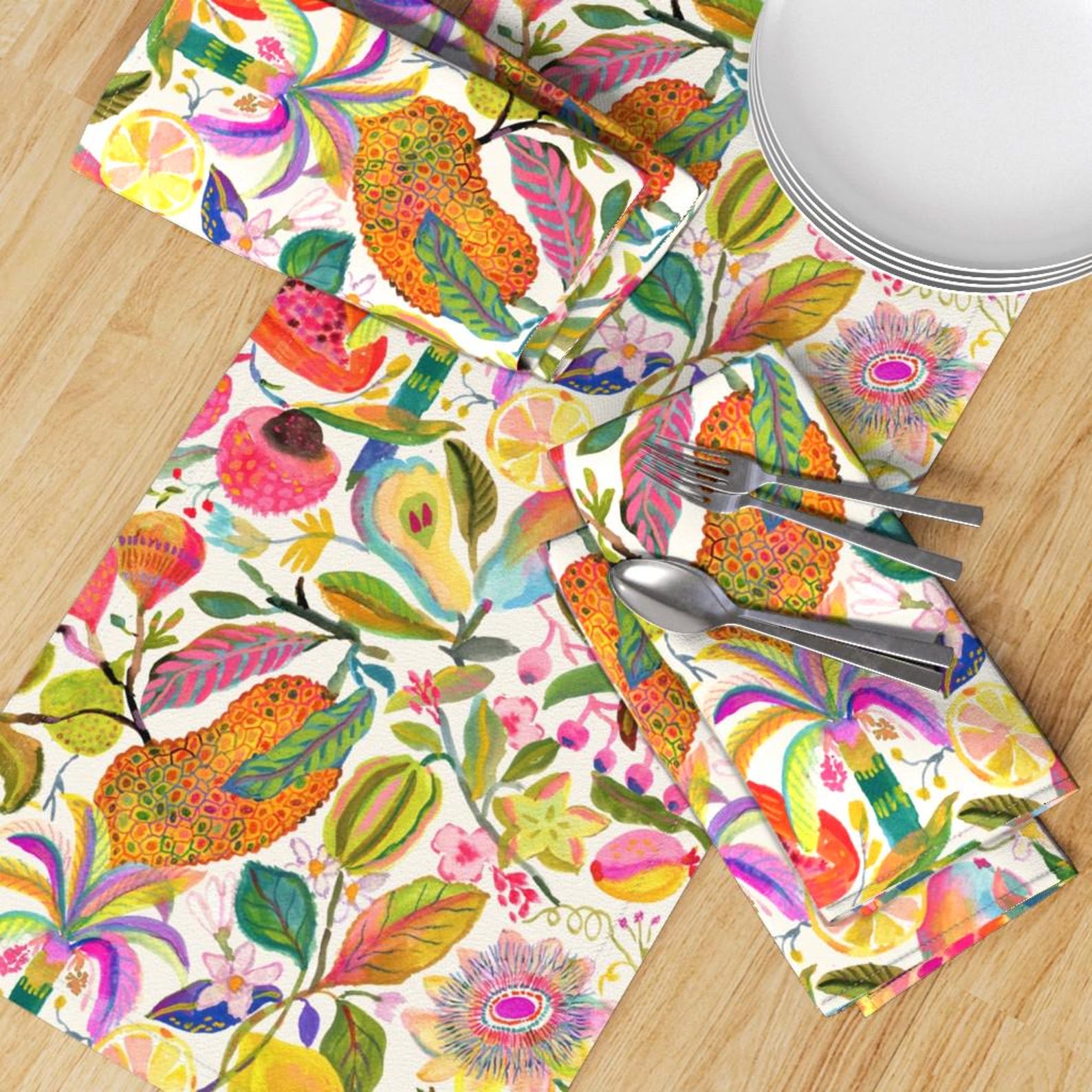 Tropical Fruit Table Runner - Watercolor Rainbow Summer Bright Colorful ...