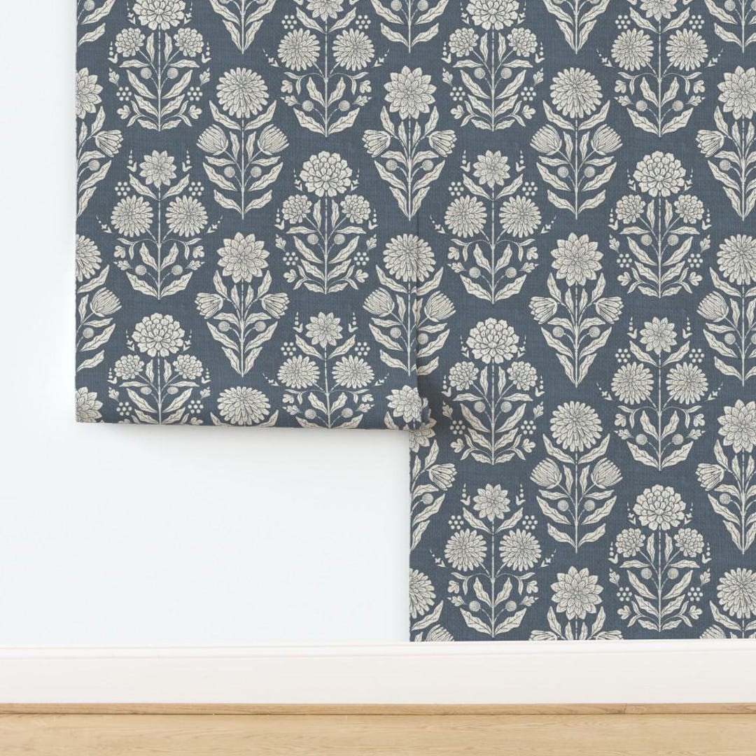 Blue Floral Non-pasted Wallpaper Retro Bohemian Botanical Rustic ...
