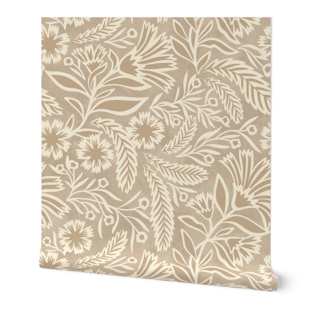 Farmhouse Floral Non-pasted Wallpaper Botanical Taupe Tan Cream ...