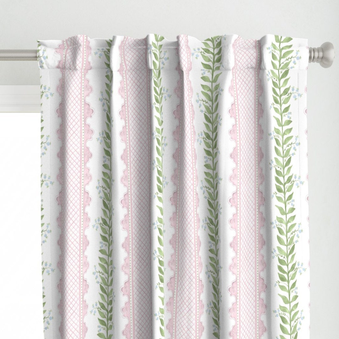 Preppy Pink Stripe Curtain Panel - Green Vine Large Traditional Spring ...