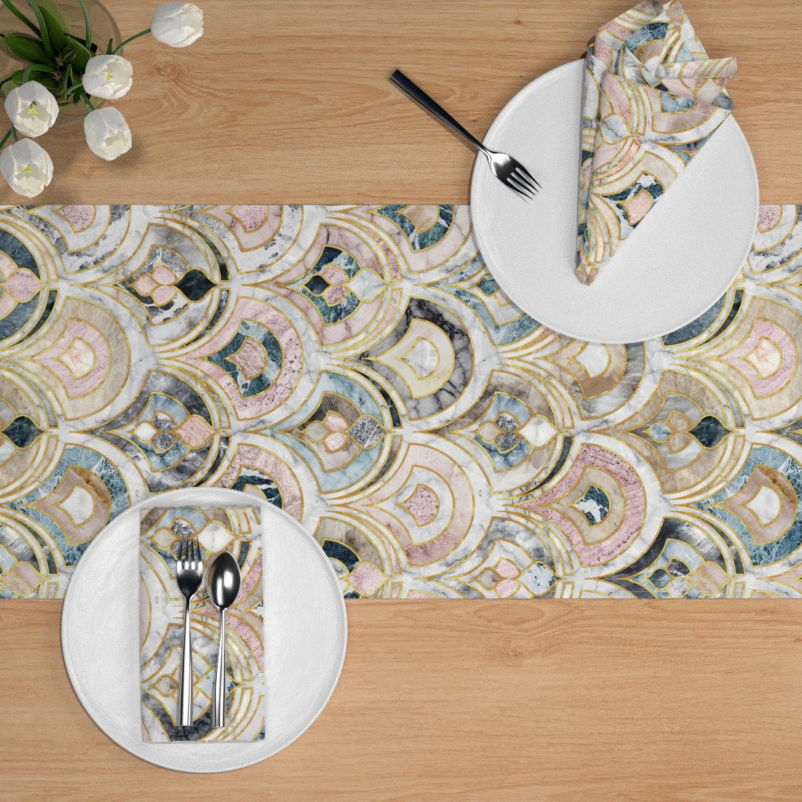 Art Deco Table Runner Marble Art Deco Soft Pastels by - Etsy