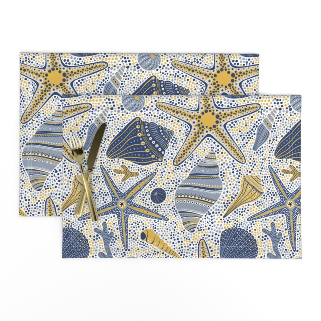 Mustard Navy Shells Placemats set of 2 Seashells by - Etsy