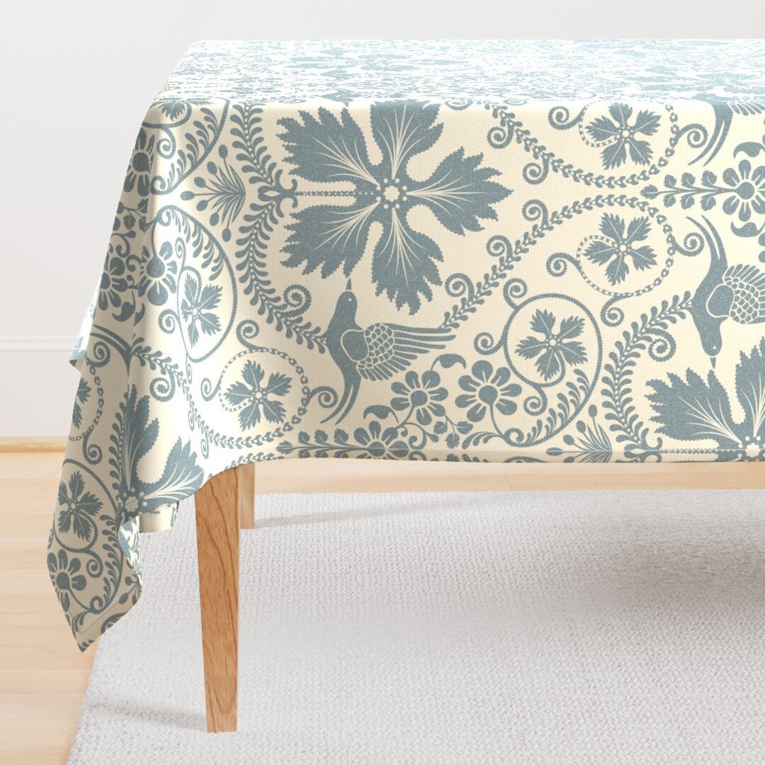 Bird Tablecloth Italian Villa Damask by Garabateo Blue Flowers ...
