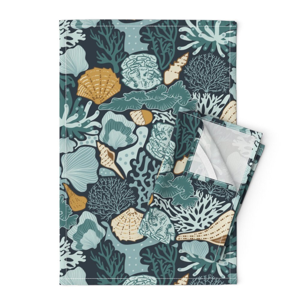 Teal Coral Tea Towels set of 2 Shell Reef by Winkeltriple - Etsy UK