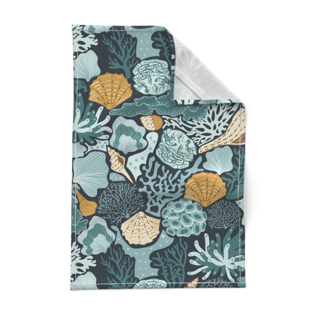 Teal Coral Tea Towels Set of 2 Shell Reef by winkeltriple | Etsy