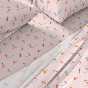 Surfer Girl Sheets - Girls Surfers Pink by Tasiania - Pink Retro Ocean ...