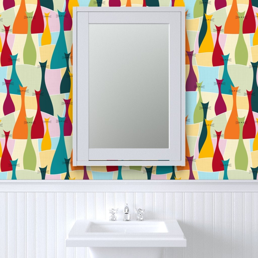 Mid Century Modern Non-pasted Wallpaper Colorful Cats Retro Mod Style ...
