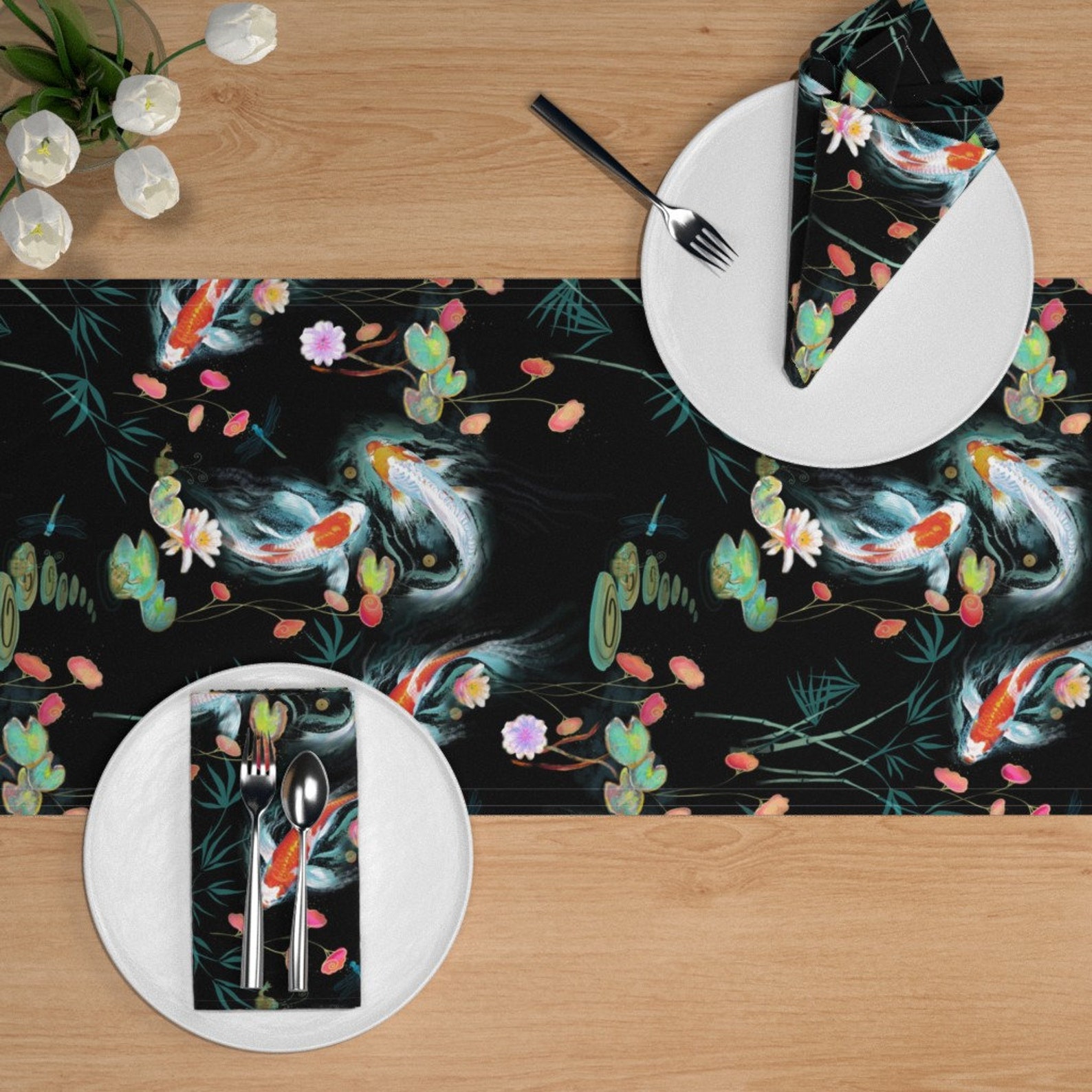 Koi Pond Table Runner Japanese Water Garden Black by - Etsy