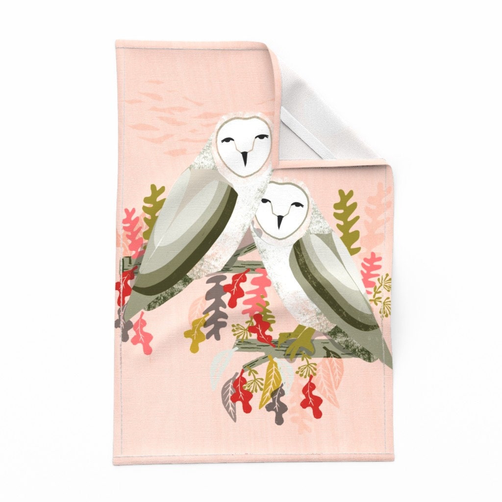 Owl Tea Towel - Barn Owls by Andrea_lauren - Whimsical Bird Nature Pink ...