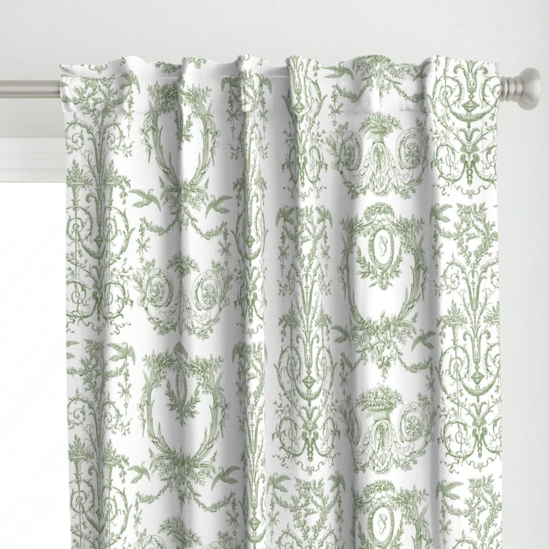 Green Damask Toile Curtain Panel - Green and White Romantic Rococo ...