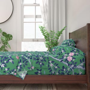 Bird in Garden Sheets - Elsie's Garden Bright Green Navy by Danika ...