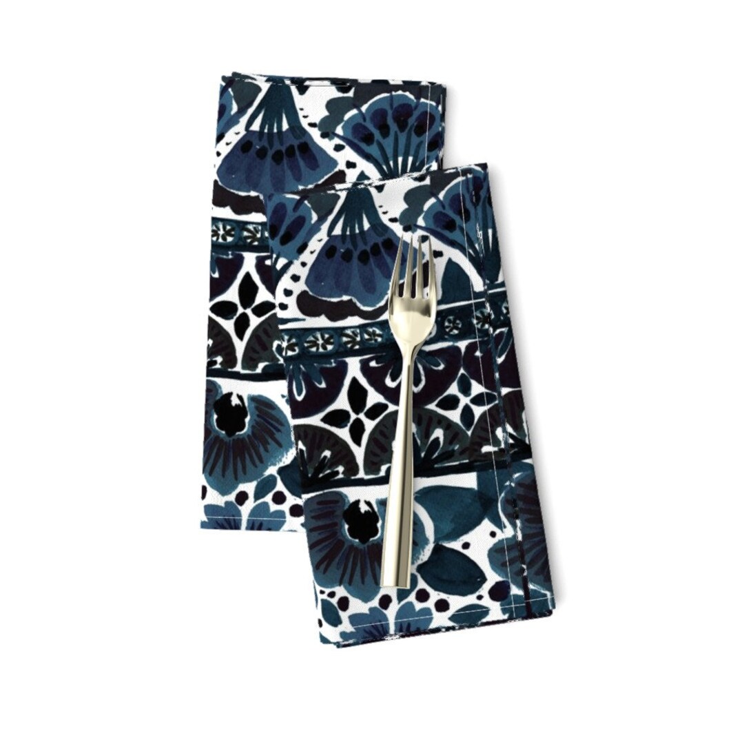 Bohemian Dinner Napkins set of 2 Painted Flowers Stripe Indigo by ...