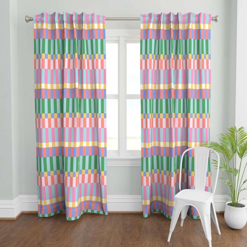 Bright Retro Check Curtain Panel - Geometric Stripe Chunky Check Blue ...