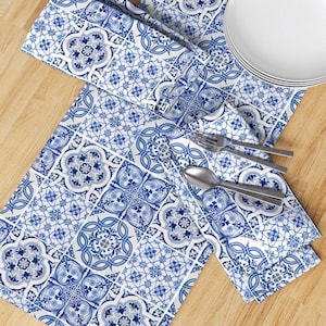 Mediterranean Tile Table Runner - Blue White Floral Moroccan Summer ...