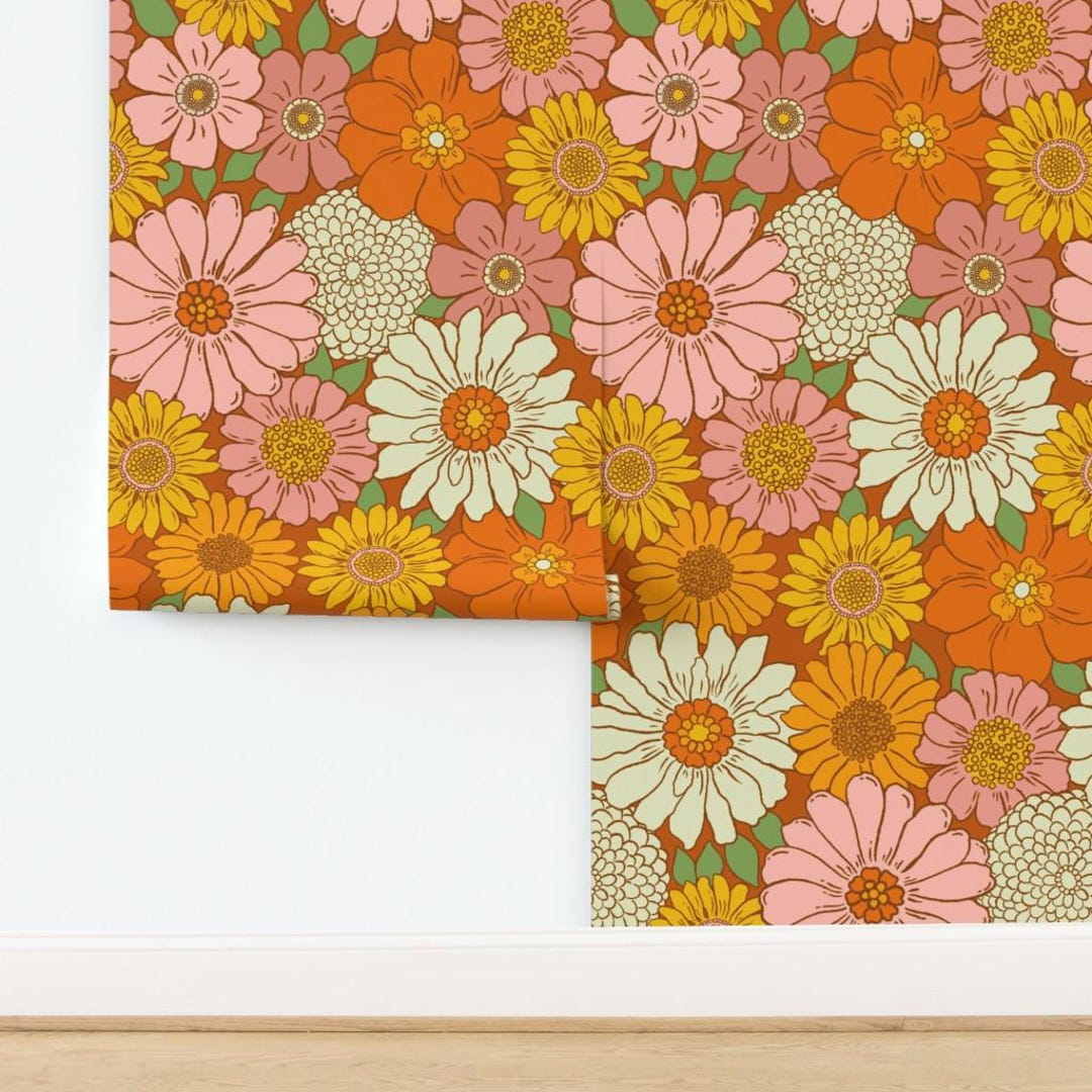 Retro 1970s Floral Non-pasted Wallpaper - 70s Boho Floral by Mariarein ...
