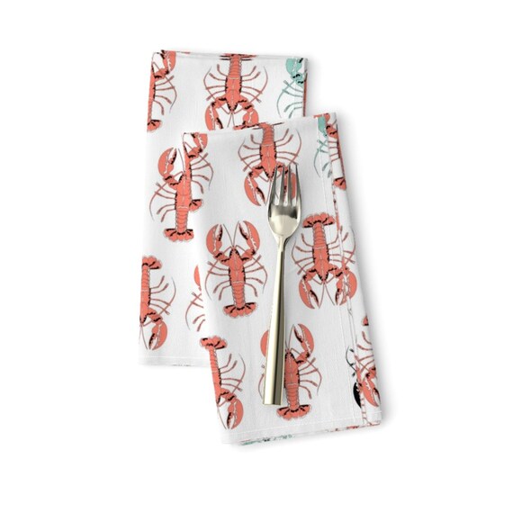 Nautical Dinner Napkins Set of 2 Mint-coral Lobsters by | Etsy