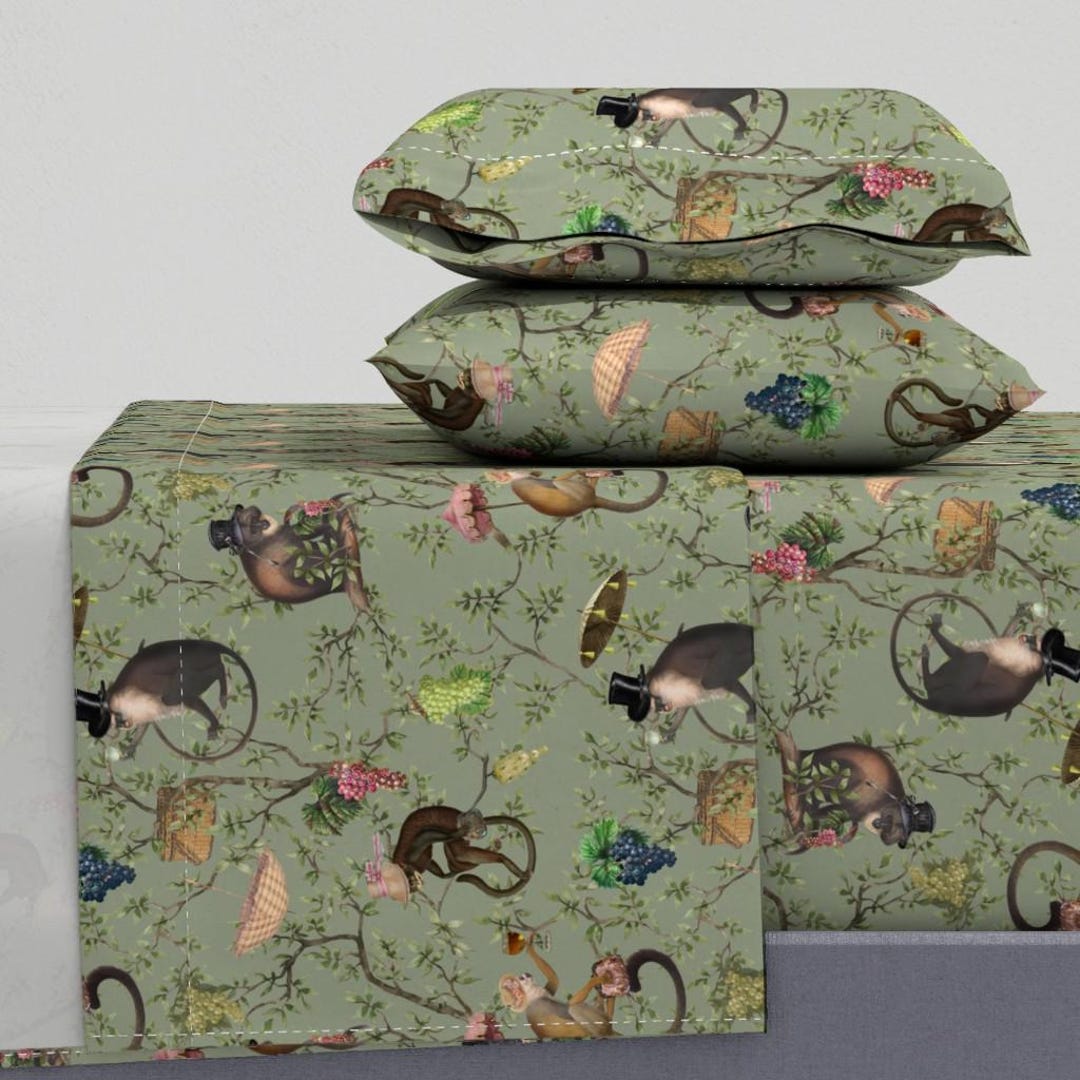 Monkey Chinoiserie Sheets - Monkeys Garden Party by Utart - Whimsical ...