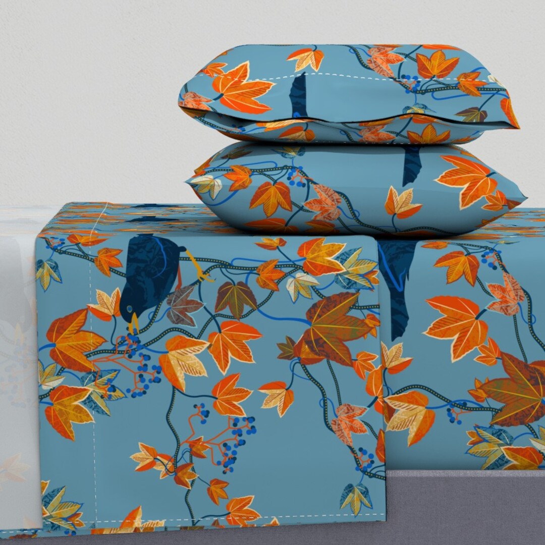 Bird Sheets Autumn Vines-blue by Appleyards Blue Nature Berries Fall ...