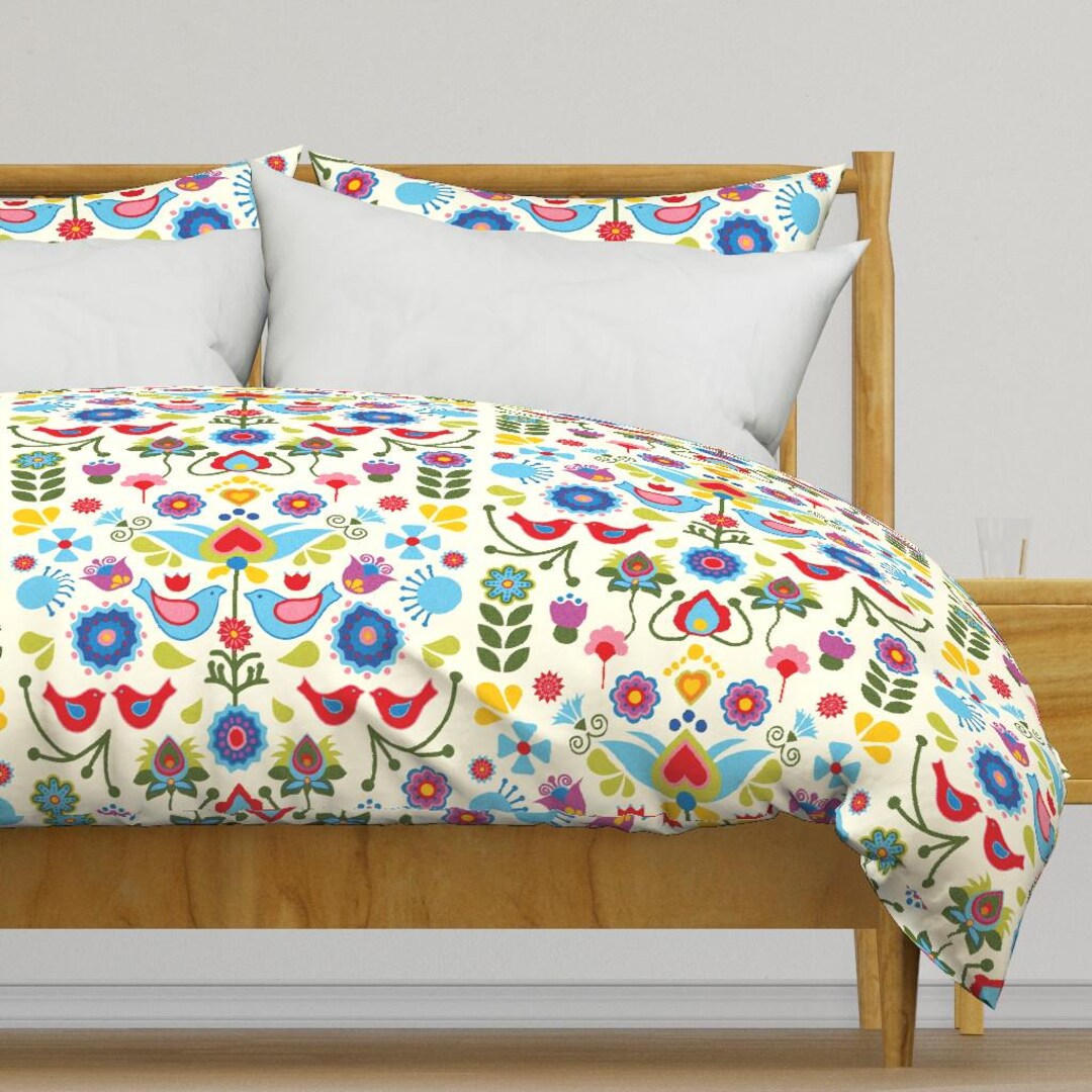 Folk Art Bedding - Scandinavian Birds and Blooms by Linziloop - Floral ...