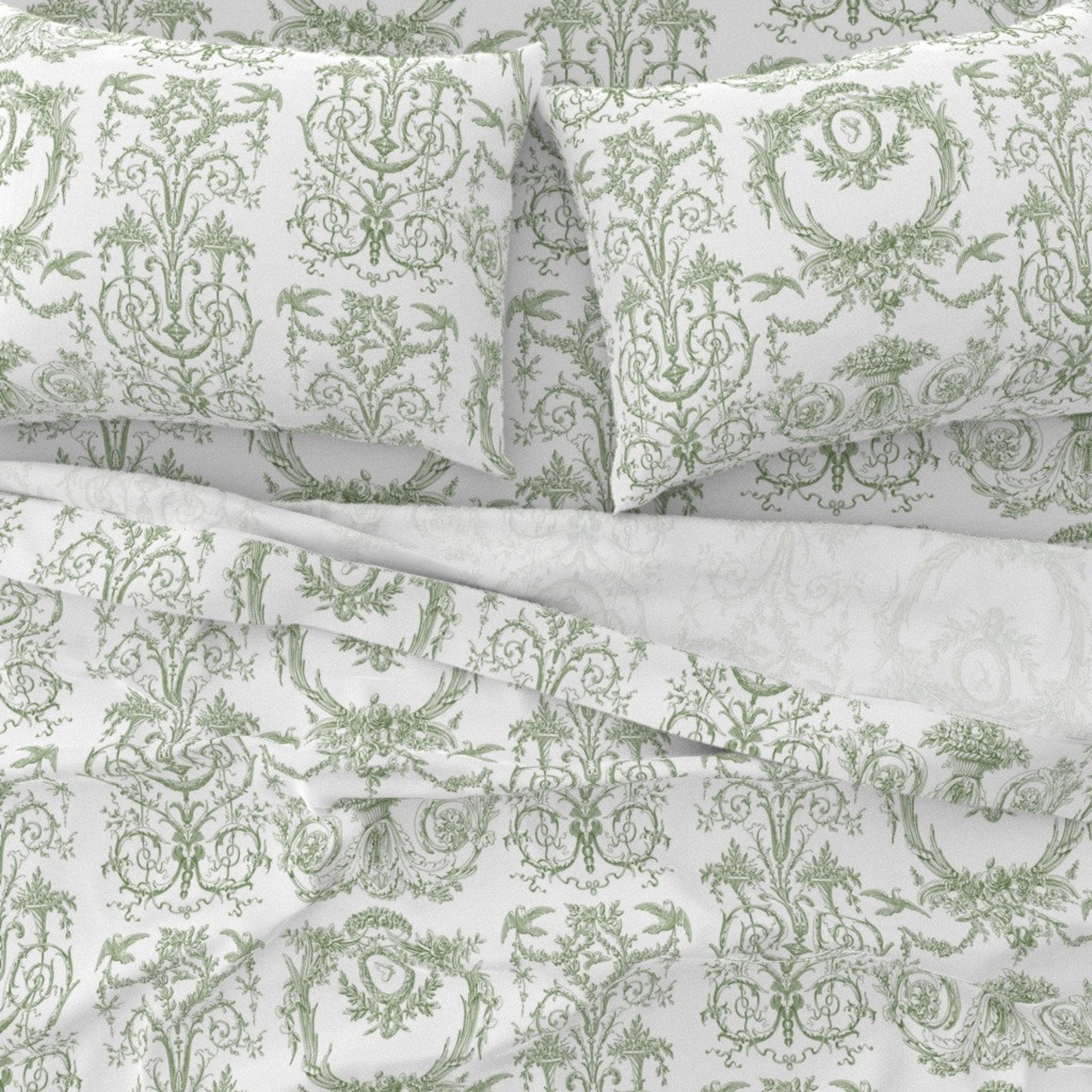 Green Damask Toile Sheets Capetian Toile by Lilyoake Green - Etsy