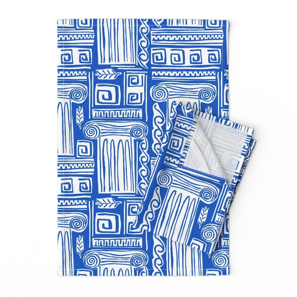 Kitchen & Dining Tea Towels Vintage Cotton Tea Towel with Blue Greek ...