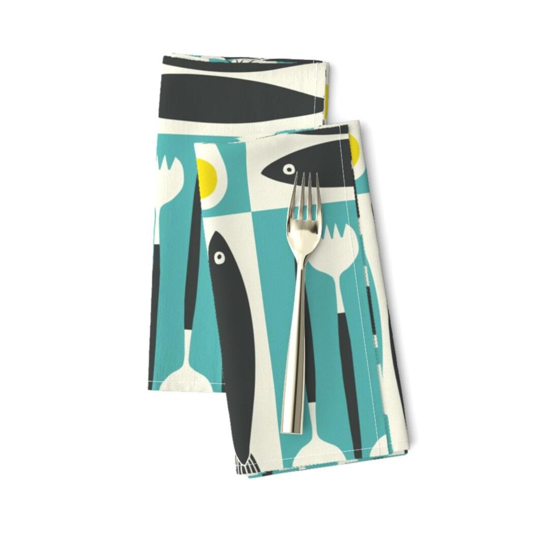Retro Dinner Napkins Set of 2 - Foodie Kitchen Fish Eggs Cutlery Mcm ...