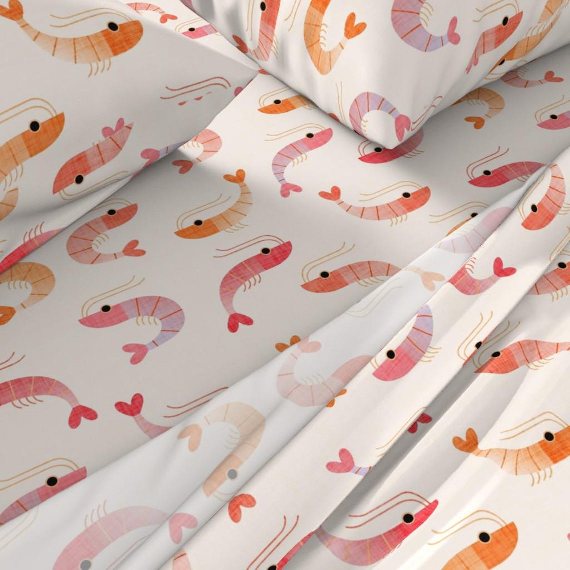 Cute Shrimp Sheets - Shrimps on Cream by Heleenvanbuul - Boho Whimsical ...