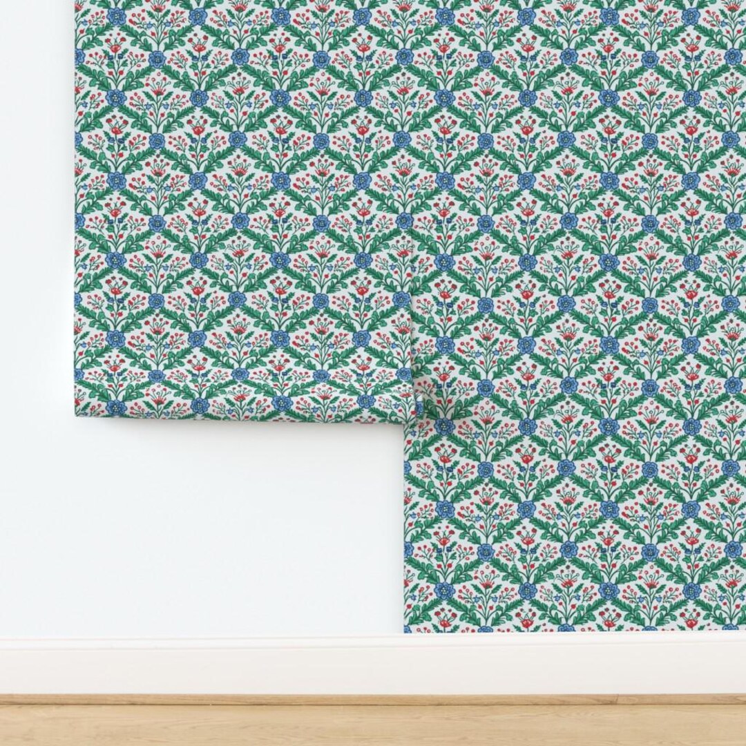 Woodblock Damask Non-pasted Wallpaper Blue Green Holiday Floral - Wood ...
