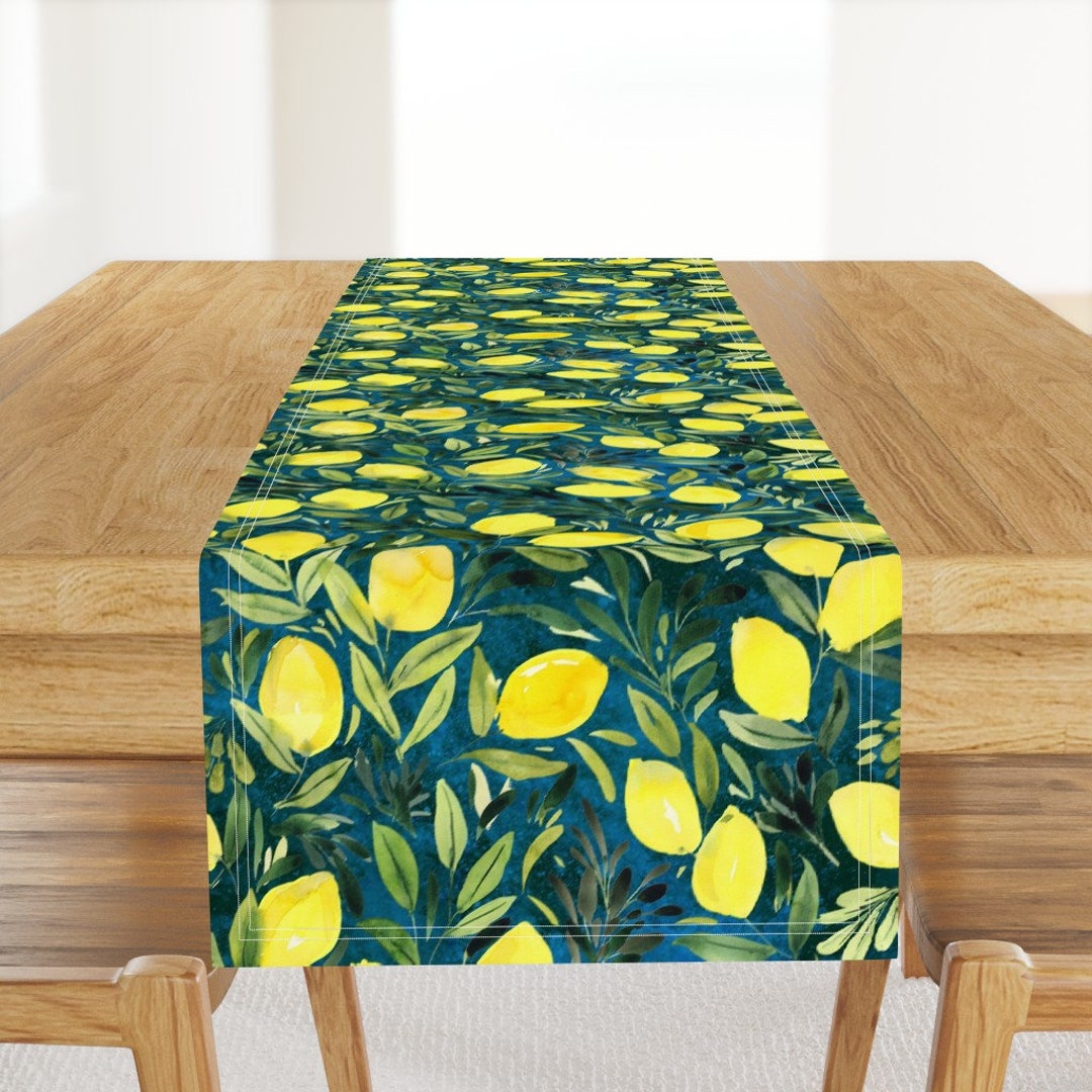 Lemon Citrus Table Runner - Lemons on Turquoise by Rebecca_reck_art ...