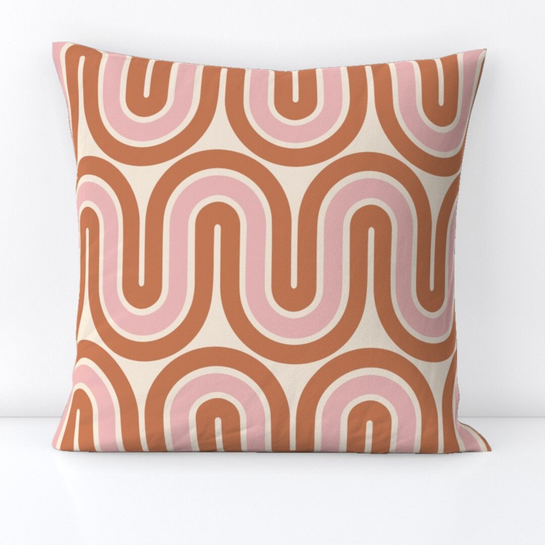 1970s Waves Throw Pillow Retro Mod by Kimsa Retro Lines Pink Brown ...