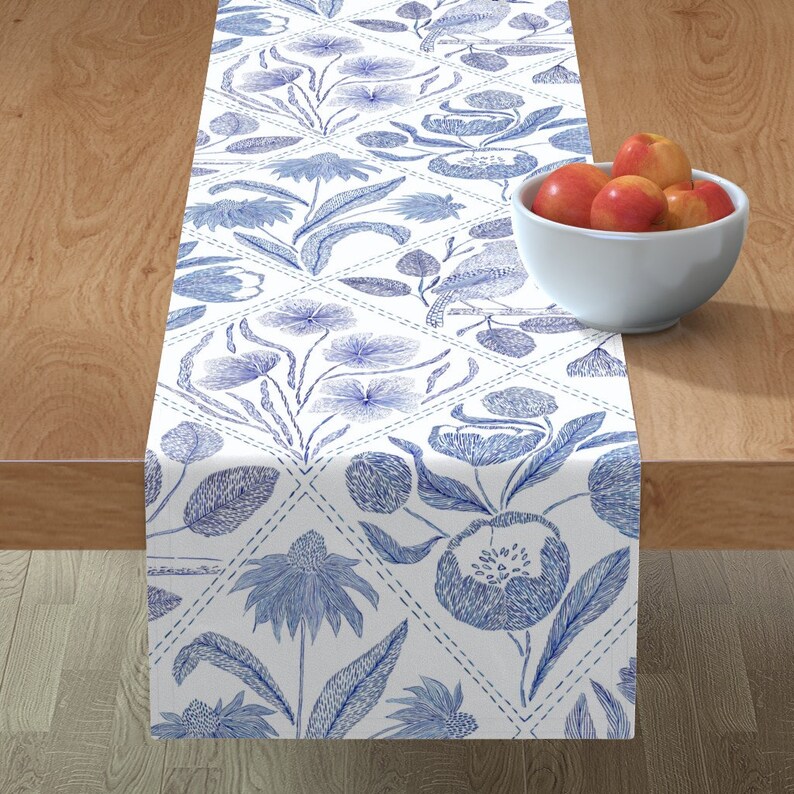 Blue Table Runner Floral Toile by Denesannadesign Flowers | Etsy