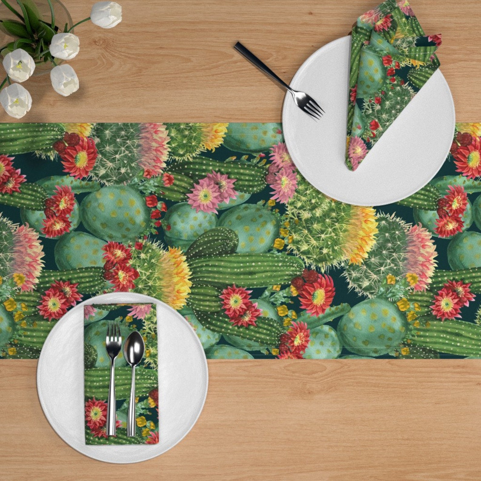 Succulent Table Runner Tropical Cactus Flowers by Sveta_aho - Etsy