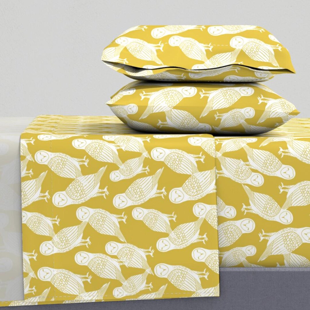 Owl Sheets - Owls by Andrea_lauren - Bird Block Print Mustard White ...