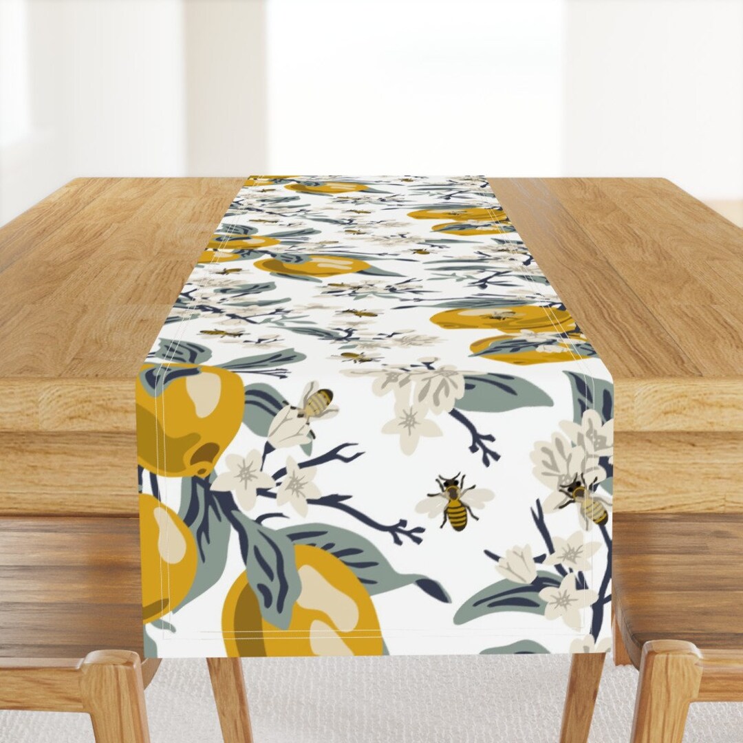 Honey Bees Table Runner - Citrus Floral Mustard Yellow Cotton Sateen ...