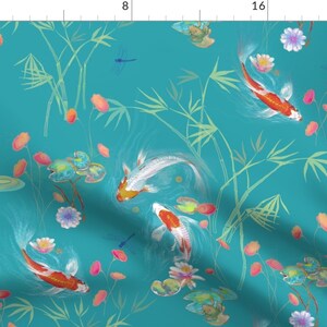 Koi Fish Table Runner Japanese Water Garden Teal by - Etsy