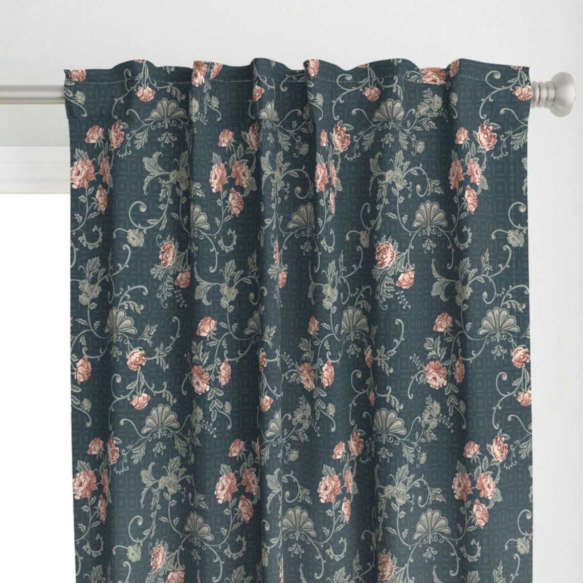 Antique Style Curtain Panel Rococo Roses Blue by - Etsy