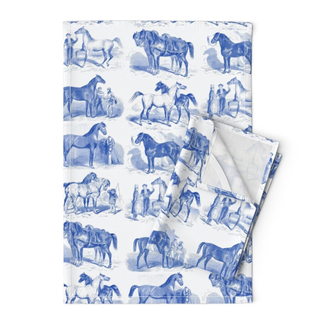 Equestrian Toile Tea Towels set of 2 Blue Horses by Ragan Blue Delft ...
