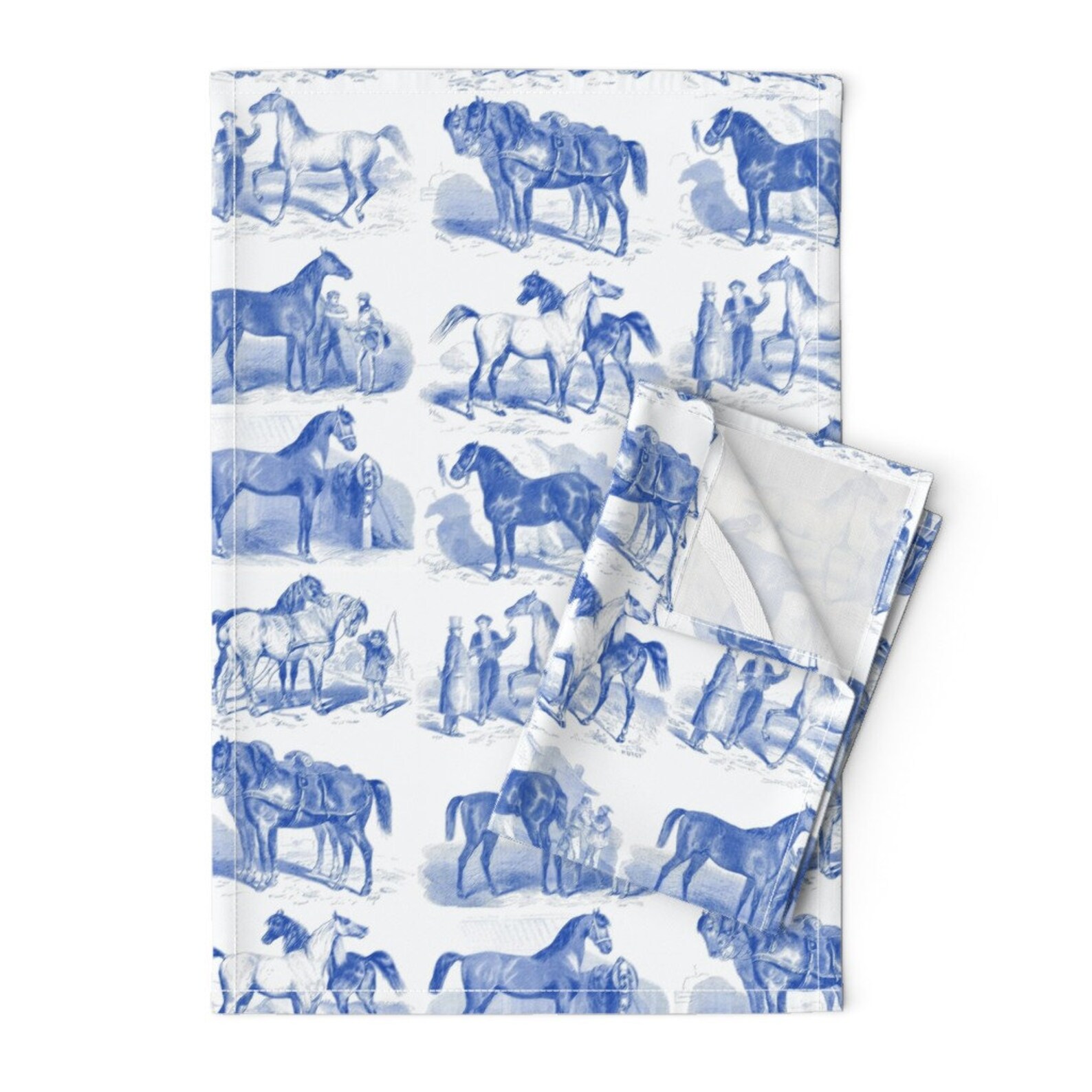 Equestrian Toile Tea Towels set of 2 Blue Horses by Ragan | Etsy