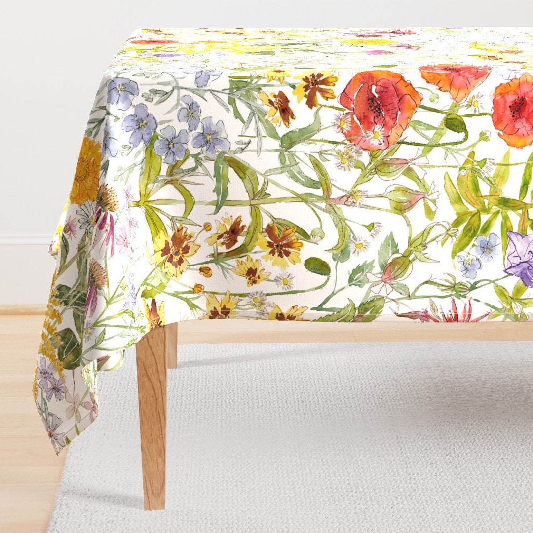 Wildflowers Tablecloth the Flowers in My Garden by Ramarama Green Red Floral Poppies Hand Drawn ...