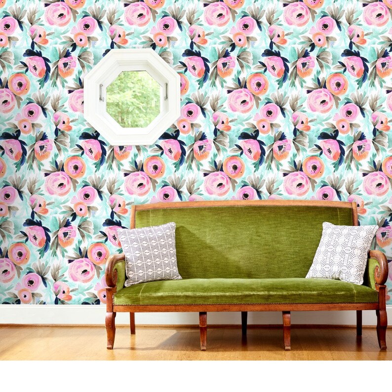 Aqua Pink Floral Non-pasted Wallpaper Large Scale Flower Peony Rose ...