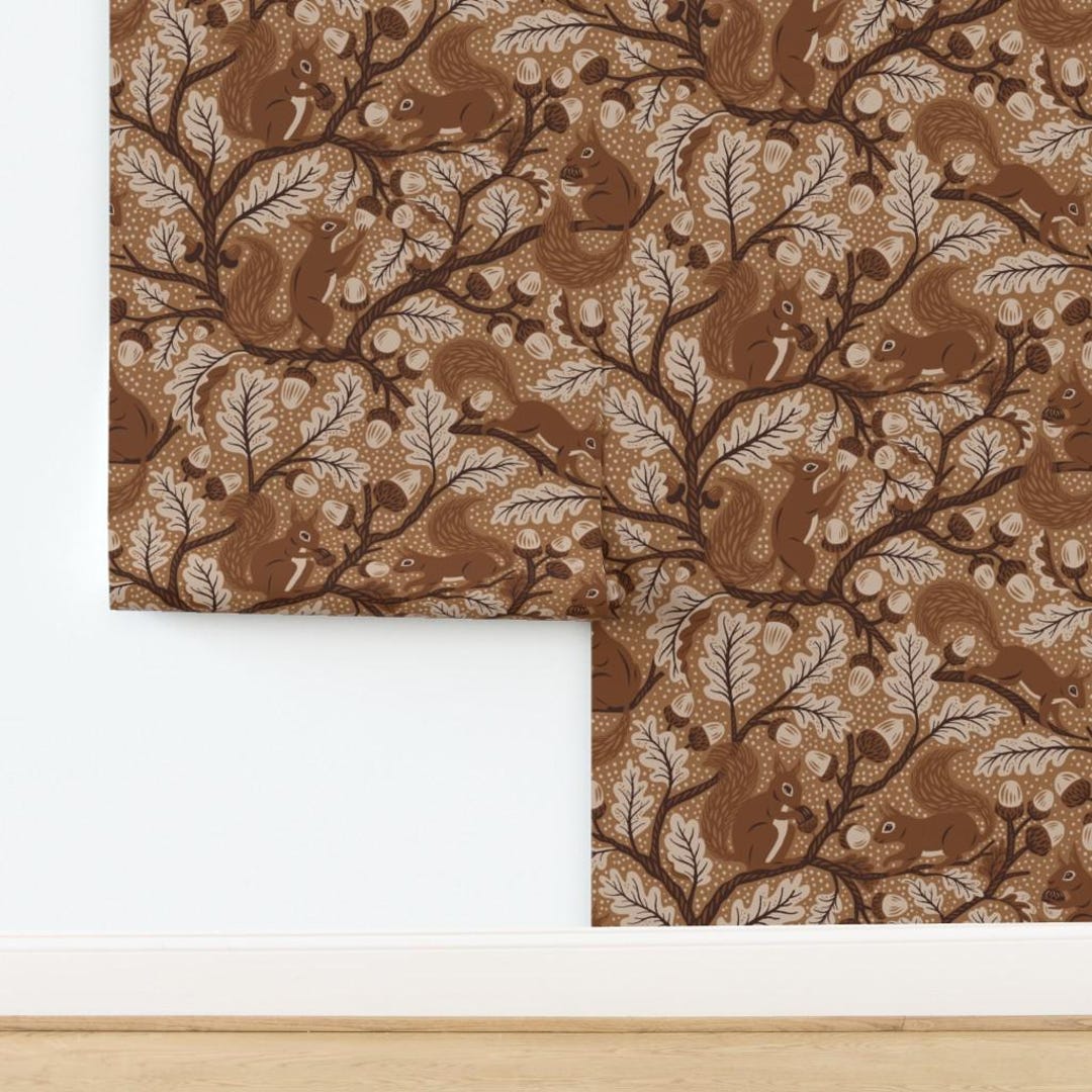 Woodland Non-pasted Wallpaper Oak Tree Earth Tones Autumn Fall Acorn ...