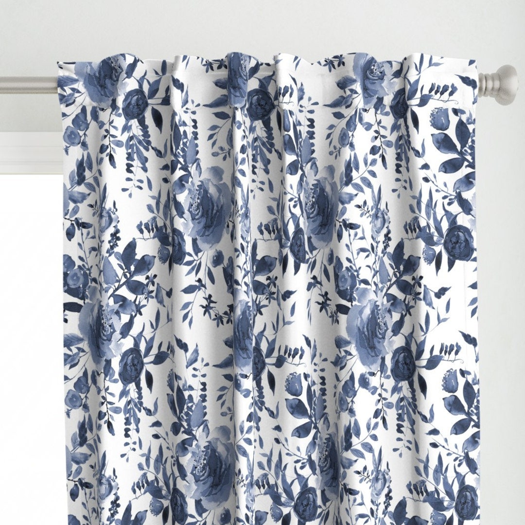 Indigo Floral Curtain Panel - Blue Flowers Floral Navy Indigo Nursery ...