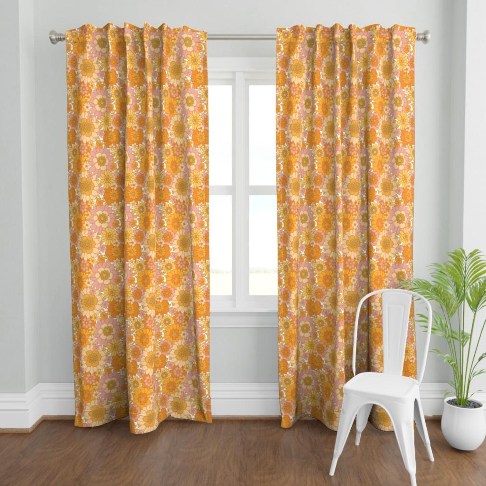 1970s Floral Curtain Panel - Orange Retro Flowers Vintage Boho Custom ...
